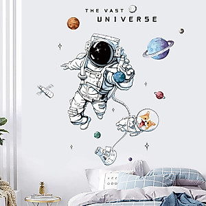 WAFT YEARN Removable Large Astronaut Universe Outer Space Planet Star Space Ship Wall Decal Large, Removable Wall Sticker Decor for Nursery Classroom Bedroom Bathroom Boys Girls Room Playroom Colorful