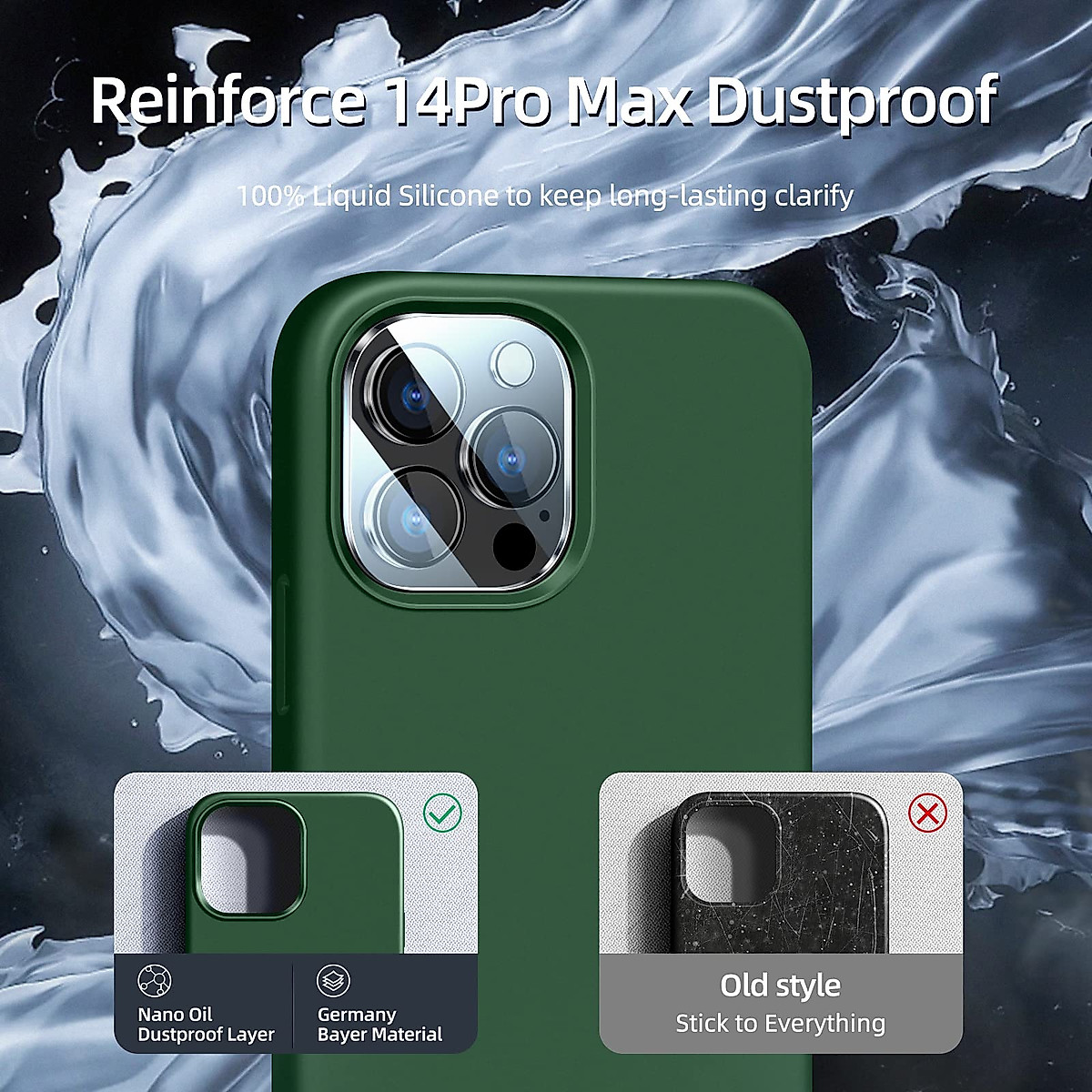 Dssairo [5 in 1 for iPhone 14 Pro Max Case 6.7, with 2 Pack Screen Protector + 2 Pack Camera Lens Protector, Liquid Silicone Slim Shockproof Protective Phone Case [Microfiber Lining] (Alpine Green)