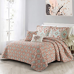 Home Soft Things Bennington Damask Printed Microfiber Quilt King 102" x 90" 5 Piece Bedding Set with Matching Shams Pillows, Coral Blue White Floral Design Reversible Bedspread Coverlet Comforter