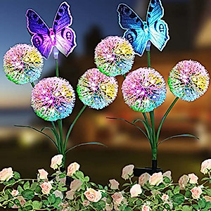 Solar Dandelion Lights Outdoor Decor - 2 Pack Upgraded Solar Dandelion Garden Christmas Decorative Lights with Butterfly Decor Waterproof Colorful Solar Power Dandelion Flower for Yard, Lawn & Pathway