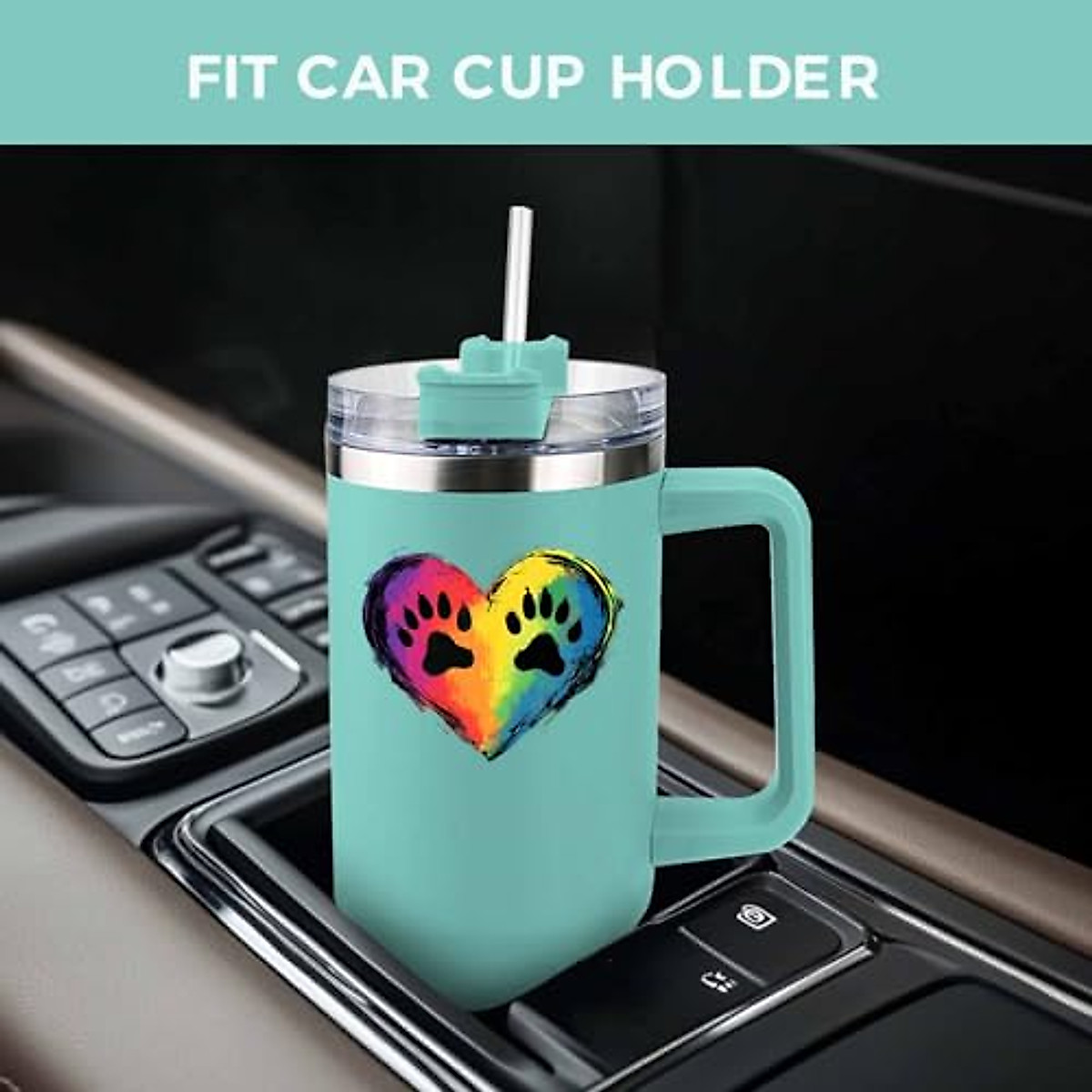 40 ounce insulated cup with handle, double-layer vacuum stainless steel material, equipped with straw, can keep warm or maintain cold drinks Love Rainbow Paw Animal 2 Lake Green