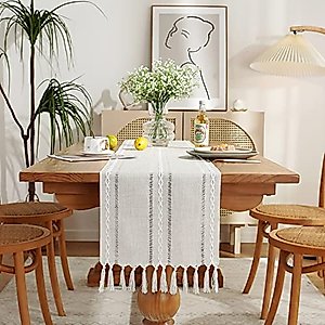 Chassic Rustic Farmhouse Style Linen Table Runner, Boho Handmade Tassel Embroidered Table Runners 108 Inches Long for Holiday Party, Wedding and Dining Decorations, 13 x 108 inch - Ivory