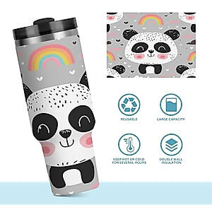 FRCSDIY Rainbow Panda Insulated Tumbler with Handle and Straw Lid,30oz Leakproof Stainless Steel Cup BPA-Free Water Bottle