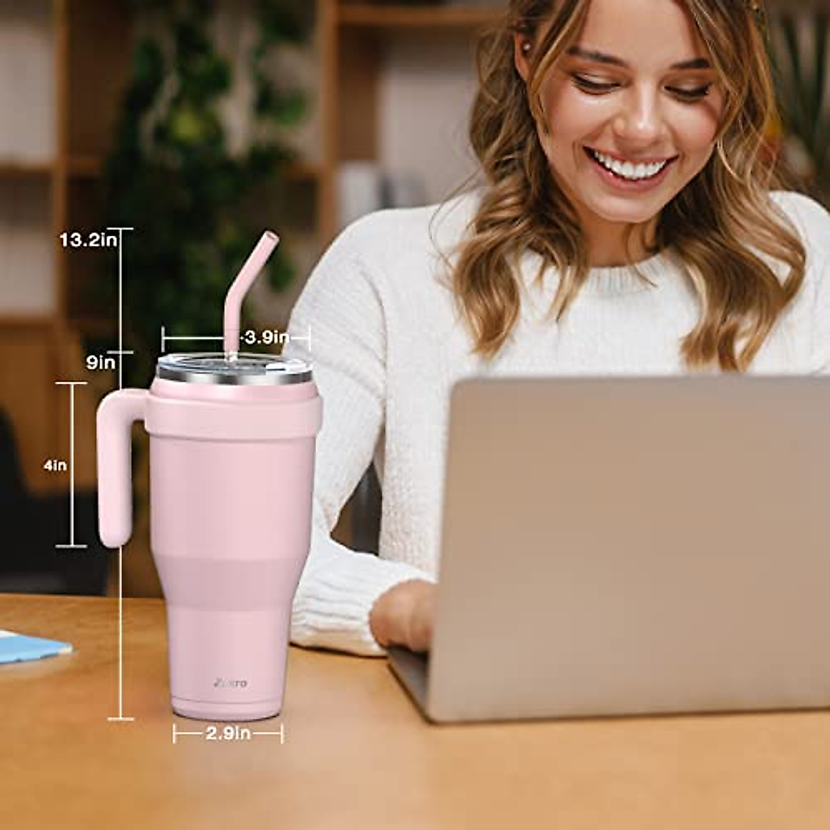 Zukro 40 oz Tumbler With Handle, Sip and Straw Lid, Leakproof No Sweat Insulated Stainless Steel Cup Keeps Drinks Cold 24 Hours, Travel Mug Fit in Cup Holder, Dishwasher Safe, BPA Free - Pink