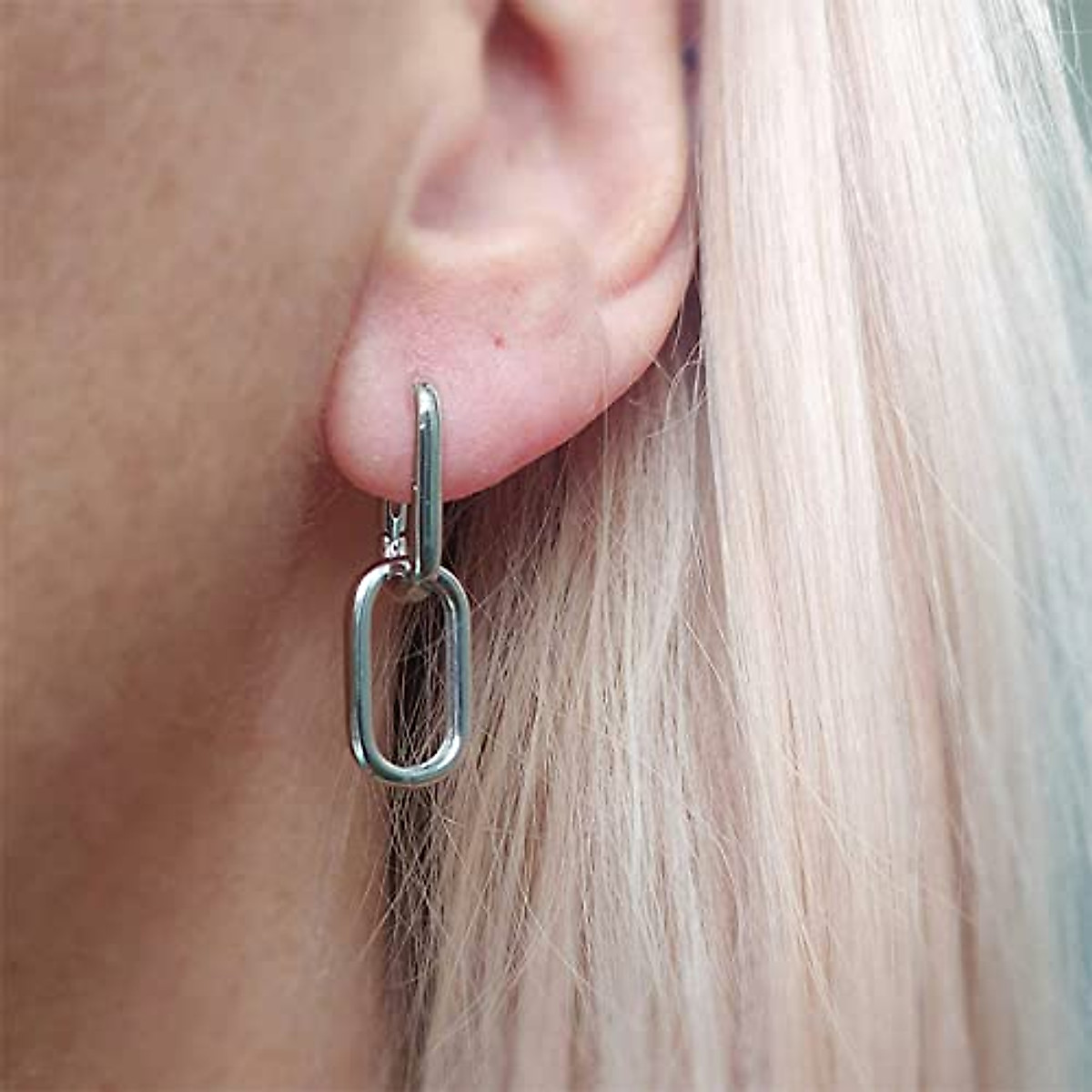 Kyerlyn Silver Earrings for Women Trendy, Dainty Sterling Silver Paperclip Square Chain Link Dangle Hoop Earrings Chunky Huggie Hoop Earrings Studs Hypoallergenic Simple Jewelry Gifts