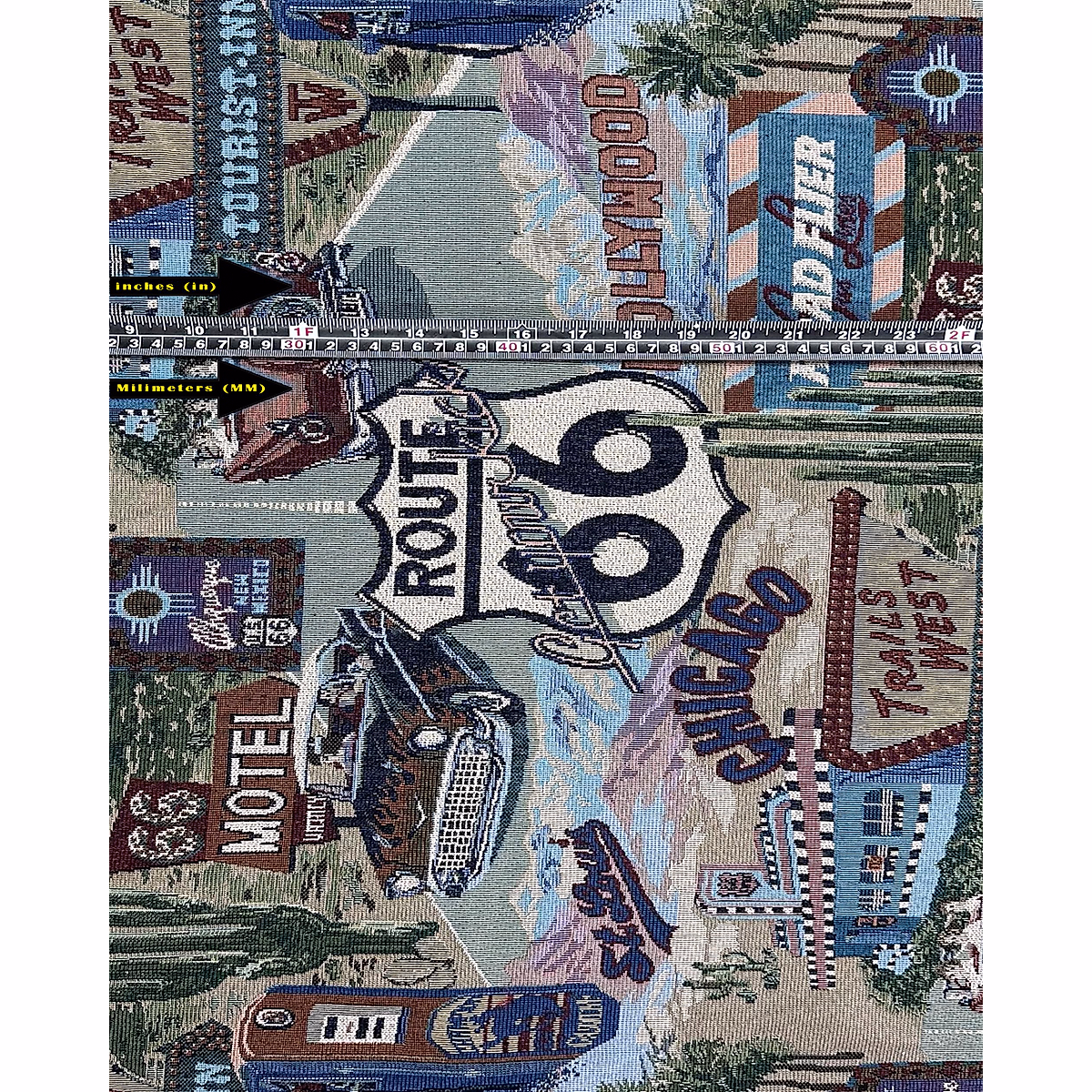 FABRIC EMPIRE - Classic Retro Route 66 Inspired Tapestry Fabric, Motel, Diner, Gas Station Theme - 56" W, Sold by The Continuous Yard, Tote Bags, Accent Pillows, Upholstery (Large, Route 66 Logo)