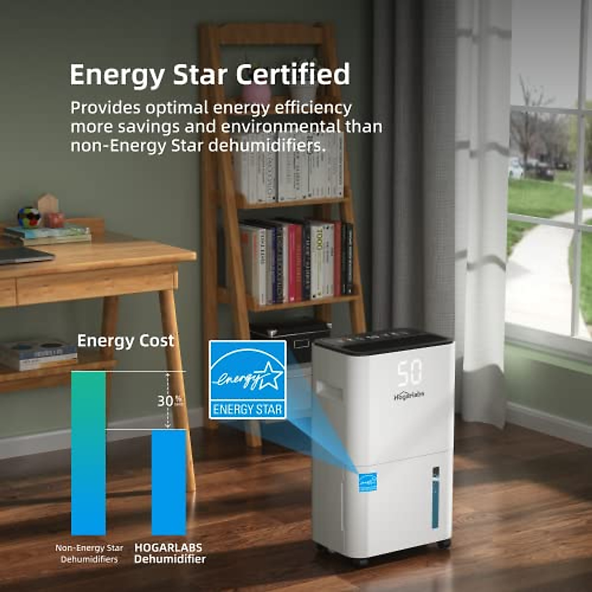 HOGARLABS 3500 Sq. Ft 50 Pint Energy Star Dehumidifier for Home Basements Bedroom Bathroom | Dehumidifiers with Drain Hose for Medium to Large Room | Intelligent Humidity Control | Quiet & Energy Efficient