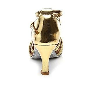 ROGMUJEN Women Latin Ballroom Dance Shoes Tango Salsa Party Dress Pump Heeled Dance Shoes,Gold,8.5US
