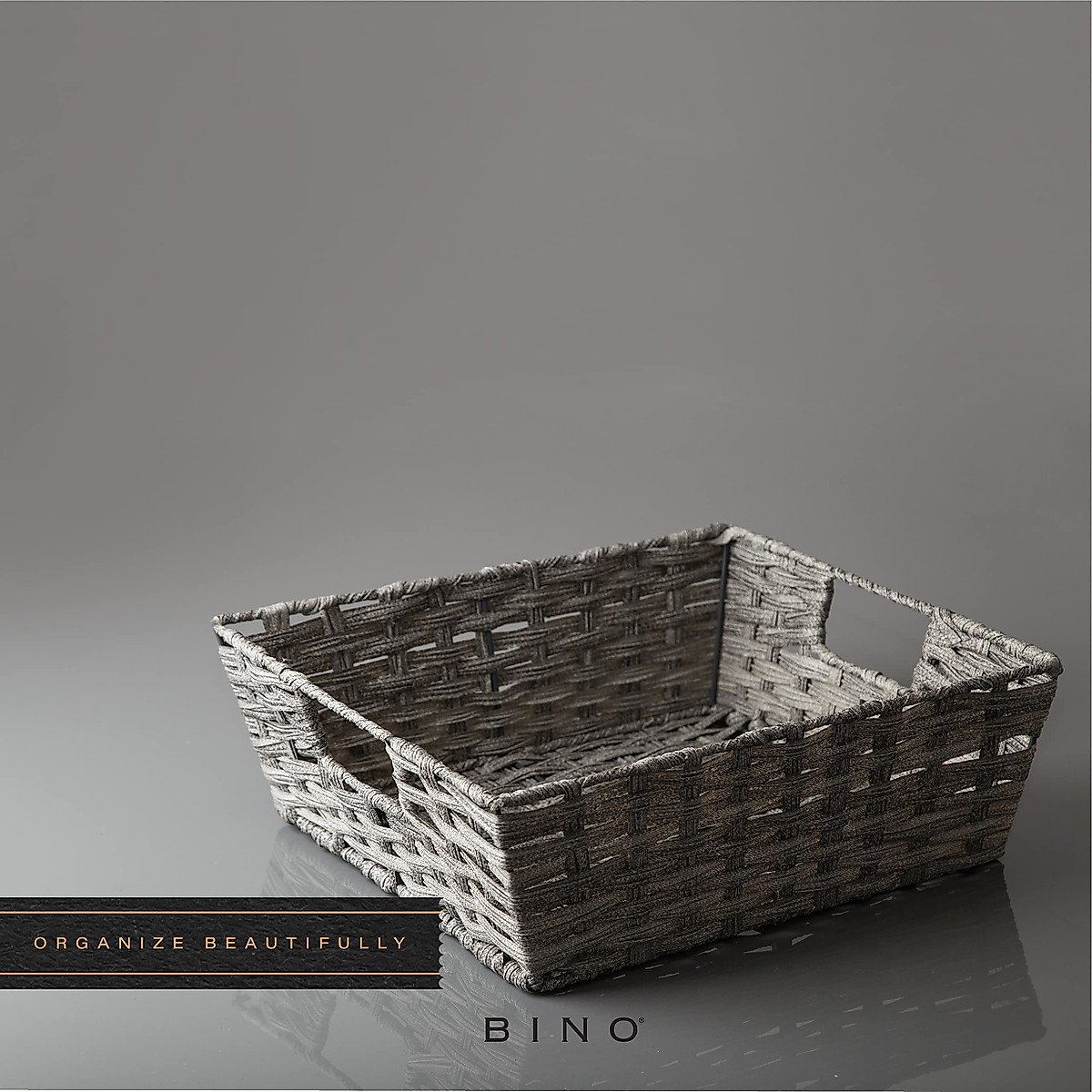 BINO 2 Pack Woven Resin Basket Organizer - Shelf Organizer with Built-in Carry Handles, Large - Light Grey