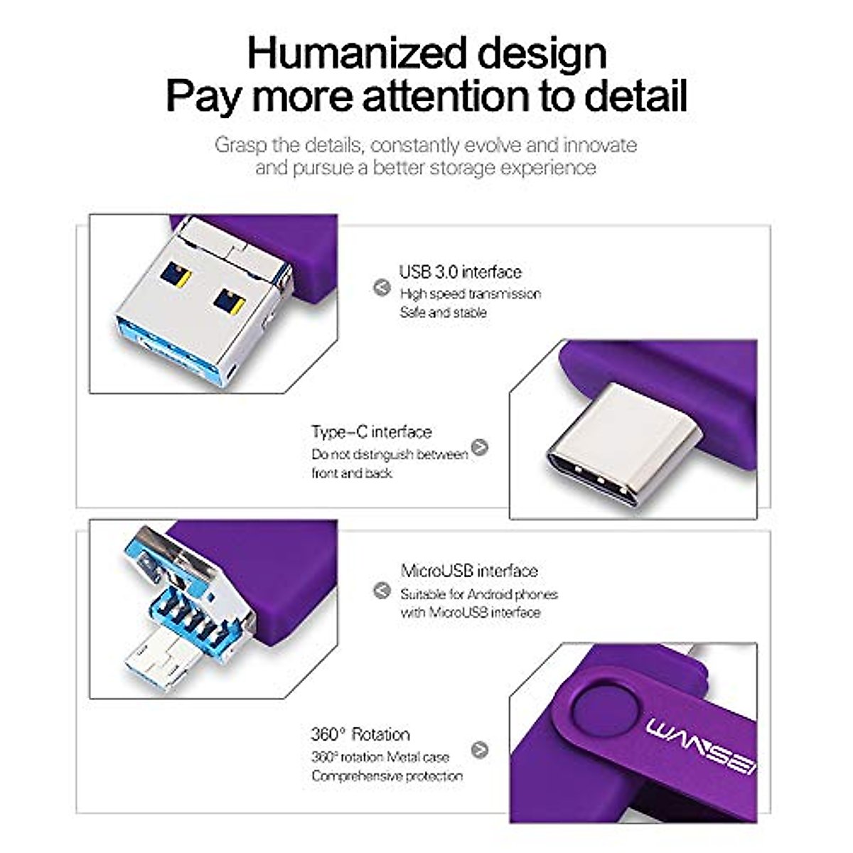 Wansenda 3 in 1 USB 3.0 Flash Drive 256GB, Type-C Type-A & Micro USB Thumb Drive, Photo Memory Stick for Android Devices/PC/Tablet/Mac (256GB, Purple)