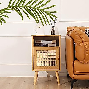 Betterhood Rattan Nightstand, Boho Side Table with Handmade Rattan Decorated Drawer, Mid-Century Modern Nightstand with Open Storage Shelf for Bedroom, Living Room, Natural