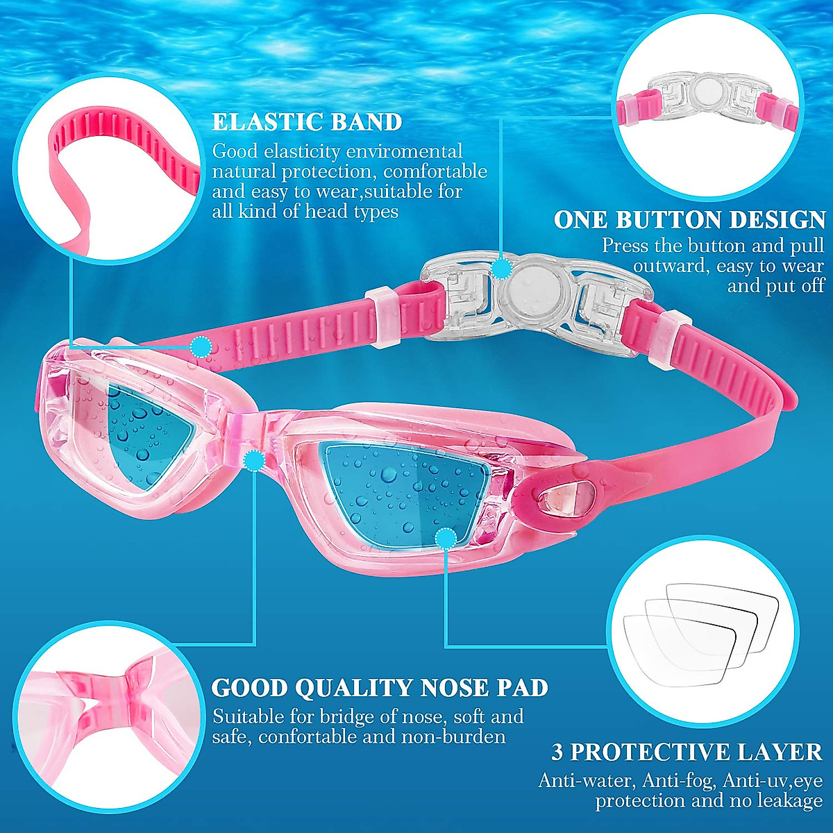 COOLOO Kids Swim Goggles, 2 Packs Swimming Goggles for Kids Girls Boys and Child Age 4-16