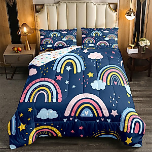 Feelyou Girls Rainbow Bedding Set Twin Size, Cloud Stars Boho Rainbow Comforter Set for Kids Boys Toddler Cartoon Reversible Stars Comforter Set Girly for Bedroom Decor,Navy Blue with 1 Pillowcase