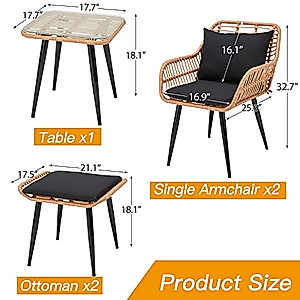 ECOTOUGE 5 Piece Patio Furniture Set, Outdoor Hand-Woven Wicker Conversation Bistro Sets with Glass Tempered Coffee Table, 2 Rattan Armchairs, 2 Footstool, Soft Seat Cushions for Porch, Backyard