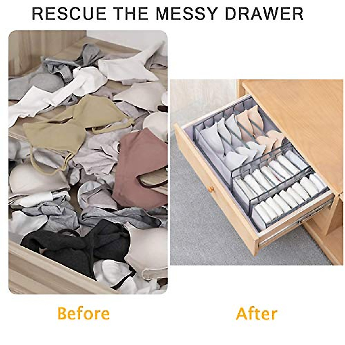 MIRACLE BLACK 3 Set Underwear Organizer, Foldable Bra Sock Underwear Drawer Organizer Storage Box Compartments Organizer for Underwear, Bra, Socks (Thicken Gray)