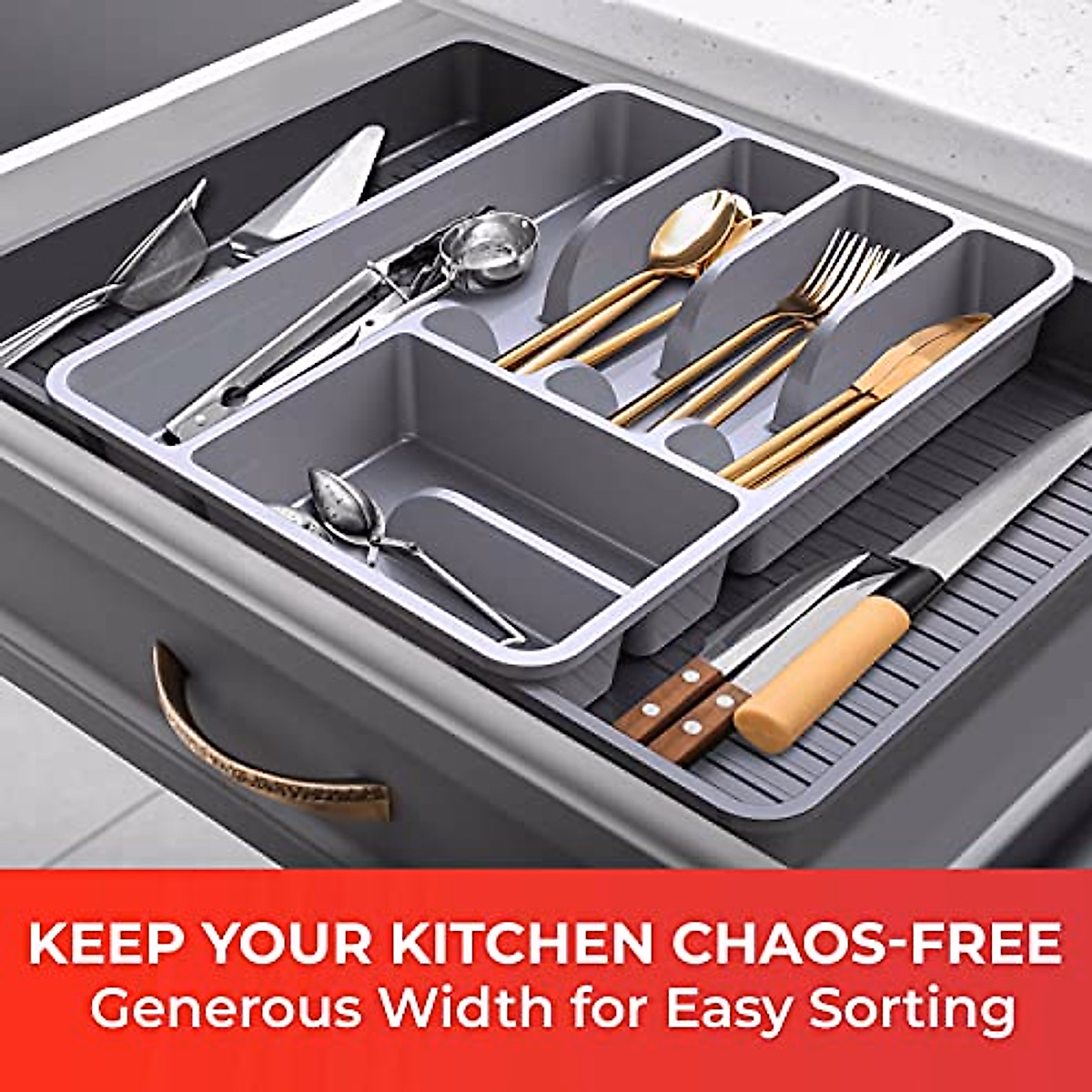 Mueller Large Flatware Kitchen Drawer Organizer, Expandable 19.7" x 15" Silverware Organizer, 6 Compartments, Heavy-Duty, Cutlery Tray for Utensils or Stuff, Dining Room, Living Room, Grey