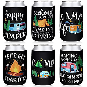 Happy Camper Party Can Sleeves Neoprene Soda Can Beverage for Camping Picnic Outdoor Activities Supplies Set of 6 for Camping Theme Birthday Party Decoration Supplies