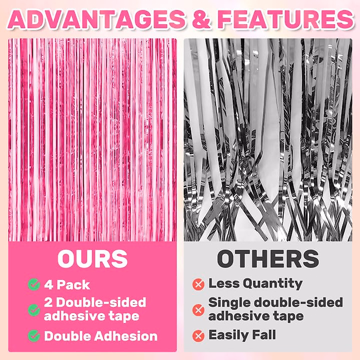 4-Pack Backdrop for Party Decorations, Foil Fringe Backdrop Curtains, Tinsel Streamers for Birthday Party Decorations, Pink Backdrop Curtains for Girl Graduation Unicorn Mermaid Disco Princess Parties