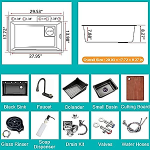 29.5" Black Waterfall Kitchen Sink 18 Gauge T304 Stainless Steel Single Bowl Kitchen Sink Drop in Kitchen Sink with Faucet Combo Topmount Workstation Sink with Accessories, 29.5" x 17.7" x 8.3"
