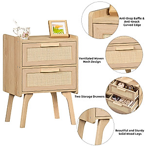 Lerliuo Rattan Nightstand, Boho Night Stand with 2 Drawers, Cane Accent Side End Table, Bedside Table with Solid Wood Legs for Bedroom, Dorm and Small Spaces (Natural)