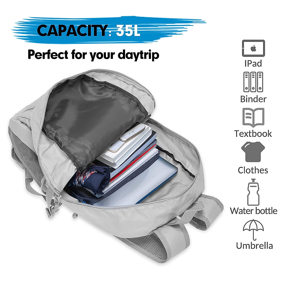 ZOMAKE Lightweight Packable Backpack - 35L Light Foldable Hiking Backpacks Water Resistant Collapsible Daypack for Travel(Sliver Grey)