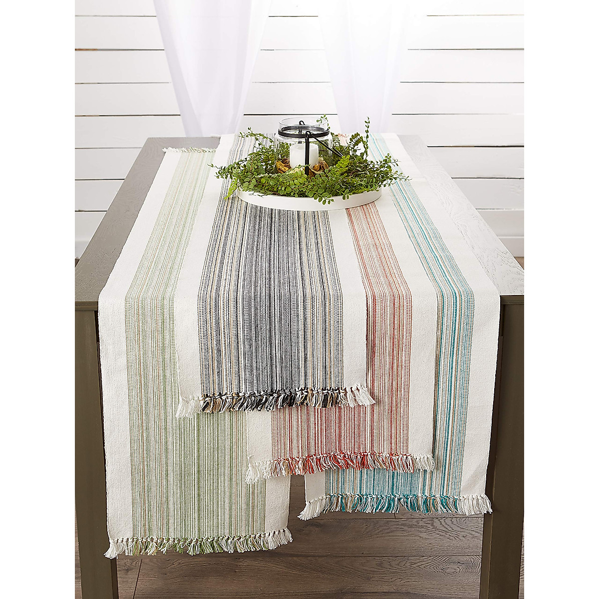 DII Everyday Collection Fringed Stripe Tabletop, Table Runner, 14x72, Black