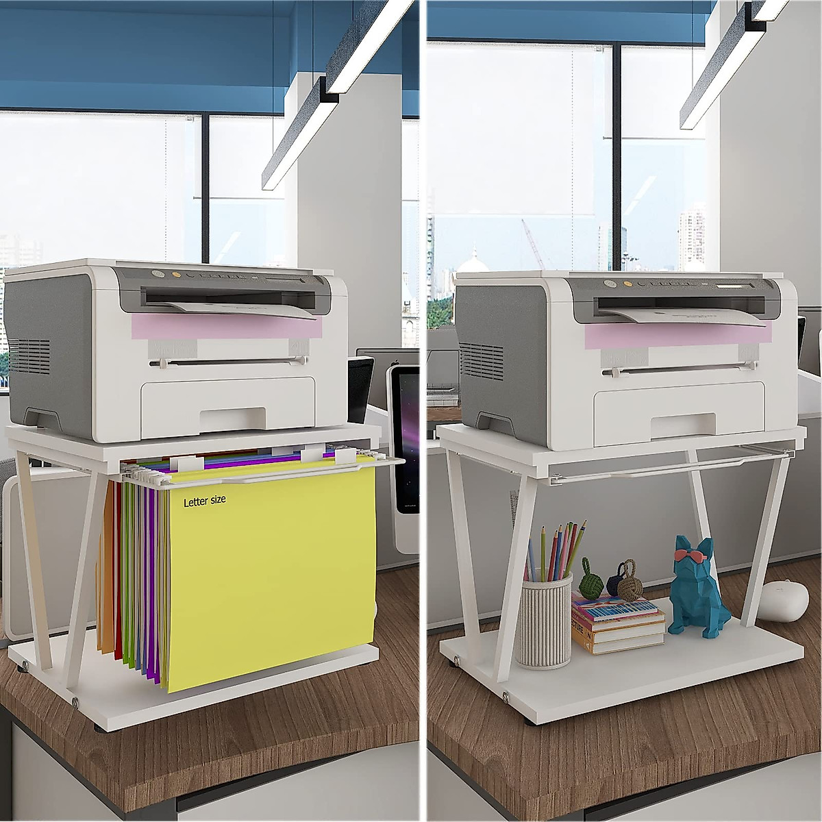 PUNCIA 2 Tiers Home Office Desktop Printer Stand with Letter Size Steel Hanging File Folder Frame Tabletop Shelf Organizer Storage Multifunction Printer Stand Table for Small Space Double Tiers Tray