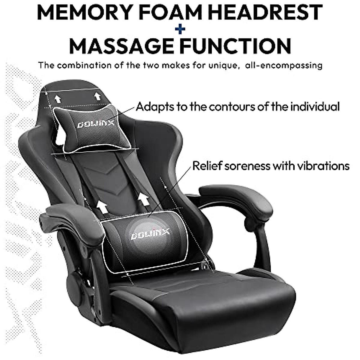 Dowinx Gaming Chair Ergonomic Office Recliner for Computer with Massage Lumbar Support, Racing Style Armchair PU Leather E-Sports Gamer Chairs with Retractable Footrest (Black&Gray)