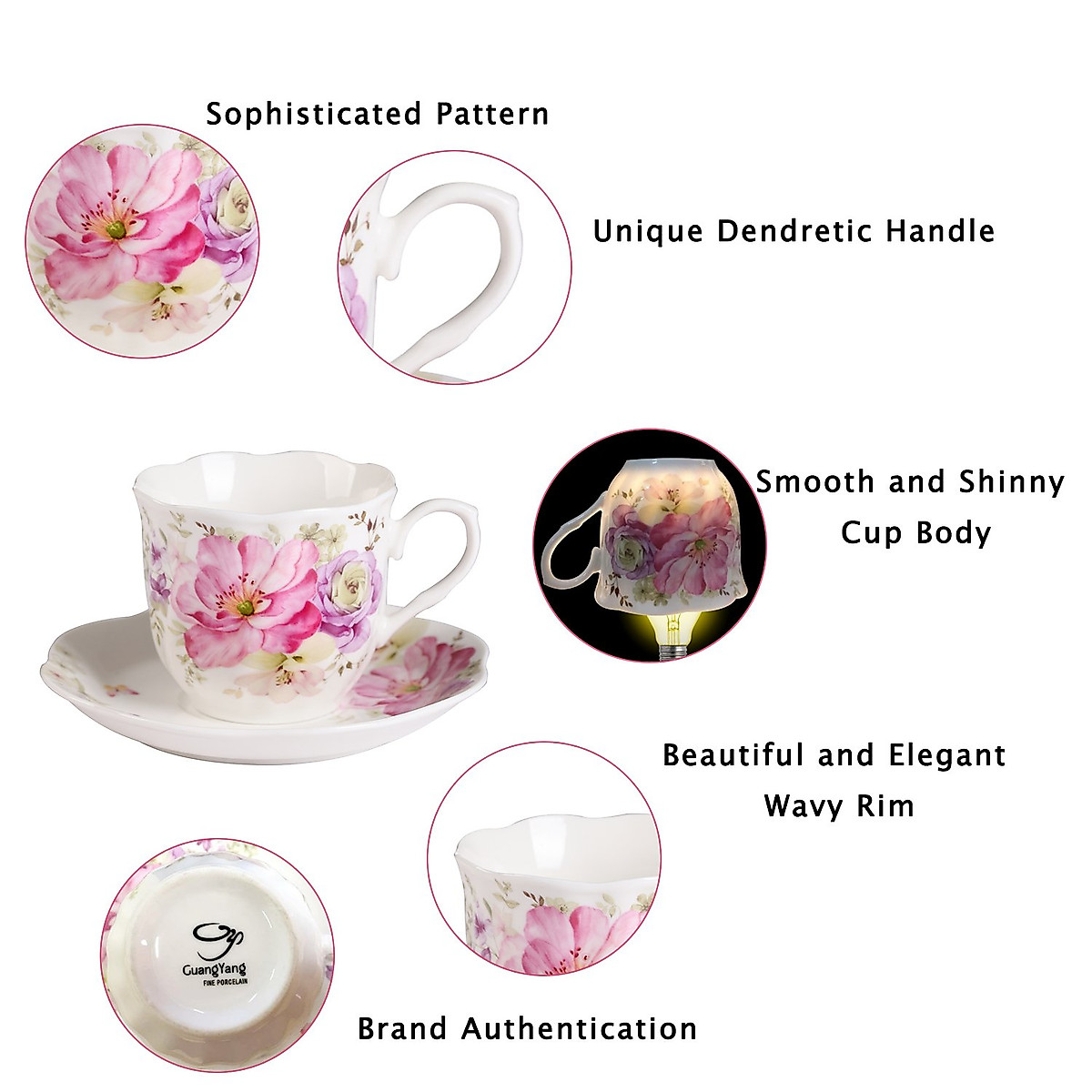 GuangYang GY 12 PCS Tea Set - 7oz New Bone China tea Cups and Saucers with Pink Flower Pattern Porcelain Cups for Mocha Cappuccino Tea and coffee