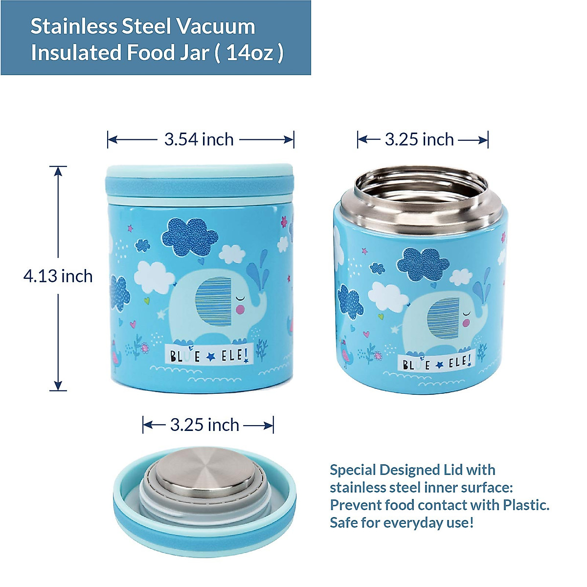 BLUE ELE Vacuum Insulated Jar & Thermos, BPA-Free Lunch Containers, Double-Wall 304 Food Grade Stainless Steel, 14 oz Keep Hot 12hr & Cold 24hr, Blue with Pattern