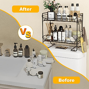 Johamoo Over The Toilet Storage, 2-Tier Bathroom Organizer Shelves, Multifunctional Bathroom Storage Rack with 4 Suction Cup, No Drilling Space Saver with Hooks, Upgrade Non-Adhesive, Black