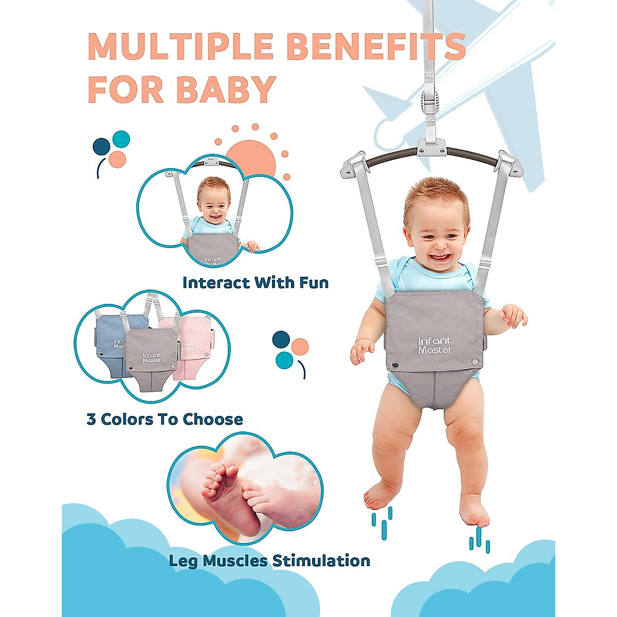 Infant Master Baby Doorway Jumpers, Sturdy Johnny Jumper w/Adjustable 10.8"-23.6" inches Strap, Soft Baby Johnny Bouncer w/Seat Bag, Ideal Gift for Infant, Portable and Easy to Use, Grey