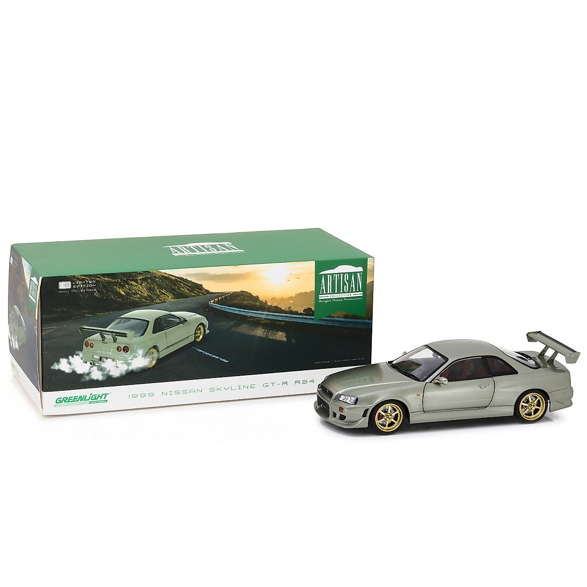 NEW 1:18 GREENLIGHT ARTISAN COLLECTION - GREEN 1999 NISSAN SKYLINE GT-R (R34) Diecast Model Car By Greenlight