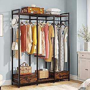 Tribesigns Clothes Rack with 2 Drawers, Freestanding Closet Organizer Garment Rack with Storage Shelves Hanging Rods and Hooks, Large Open Wardrobe Closet Clothing Rack for Bedroom
