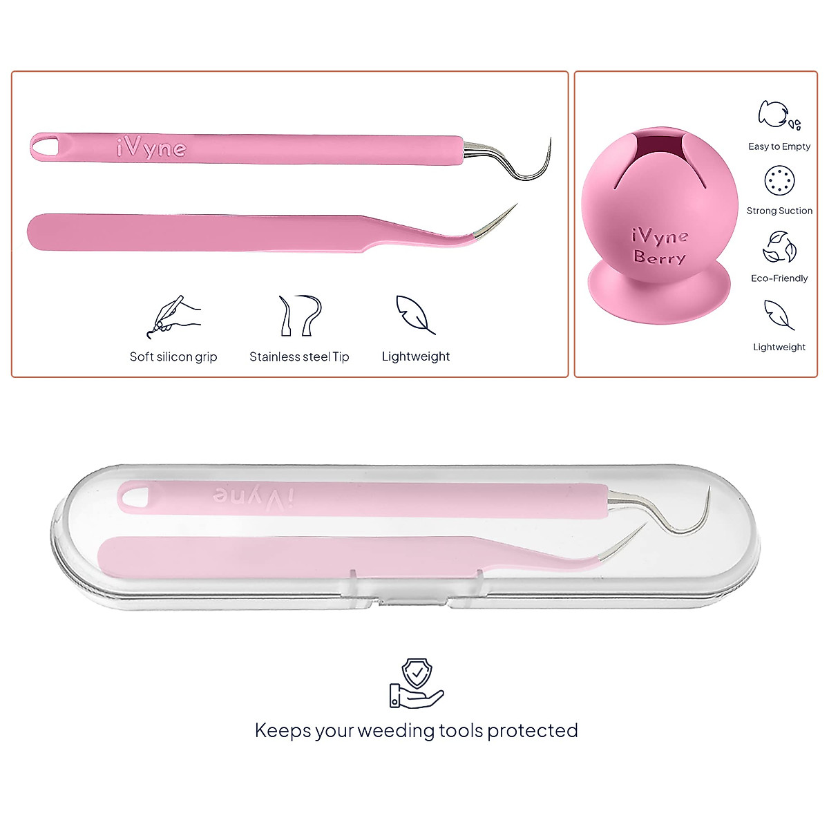 iVyne Berry and Silicone Weeding Tools for Vinyl, Suction Vinyl Weeding Scrap Collector Holder, Craft Tweezer, Weeder, Vinyl Weeding Tool Kit for Cricut, Silhouette Accessories Scrap Storage - Pink