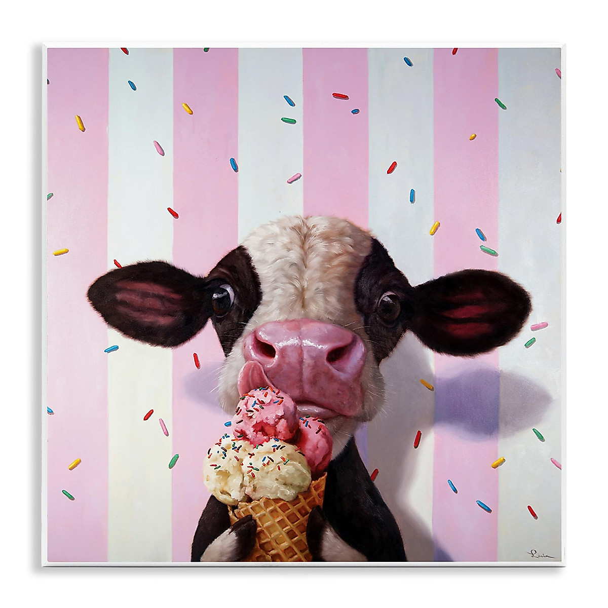 Stupell Industries Cute Baby Cow with Ice Cream Cone Pink Stripes, Designed by Lucia Heffernan Wall Plaque, 12 x 12, Brown