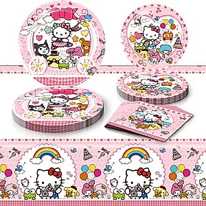 Kitty Birthday Party Supplies, 20 Plates, 20 Napkins and 1 Tablecover for Girls Kitty Party Decorations