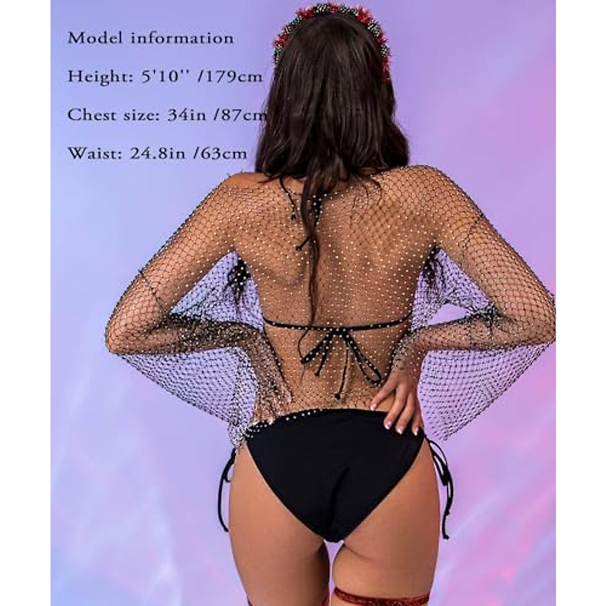 Yokawe Black Fishnet Rhinestone Crop Top, Long Sleeve Mesh Glitter Party Festival Top for Women & Girls