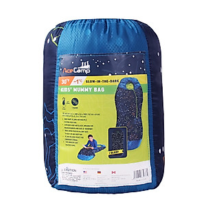 AceCamp Glow in The Dark Mummy Sleeping Bag for Kids and Youth, Temperature Rating 30°F/-1°C, Water-Resistant for Camping, Hiking, and Slumber Party (Blue, Kid's)