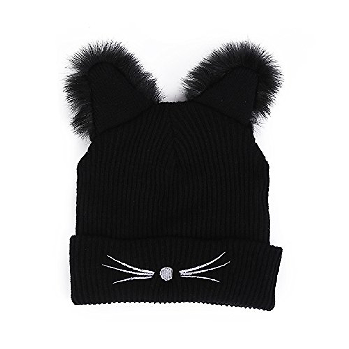Armfre Tops Women's Beanie Hat Cute Cat Print Slouchy Skullies with Faux Fur Cat Ears Thick Skull Cap Chunky Ribble Knitted Skull Hat Cuffed Ski Cap for Ladies Casual Outdoor Active