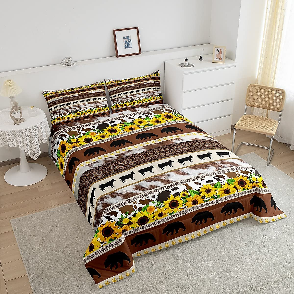 Castle Fairy Golden Sunflower Comforter Set Full Size Farmhouse Rustic Wild Animal Bedding for Girls Boys Kids Room Decor Cowhide Wildlife Skin Patchwork Soft Chic Quilted Duvet with 2 Pillowcases