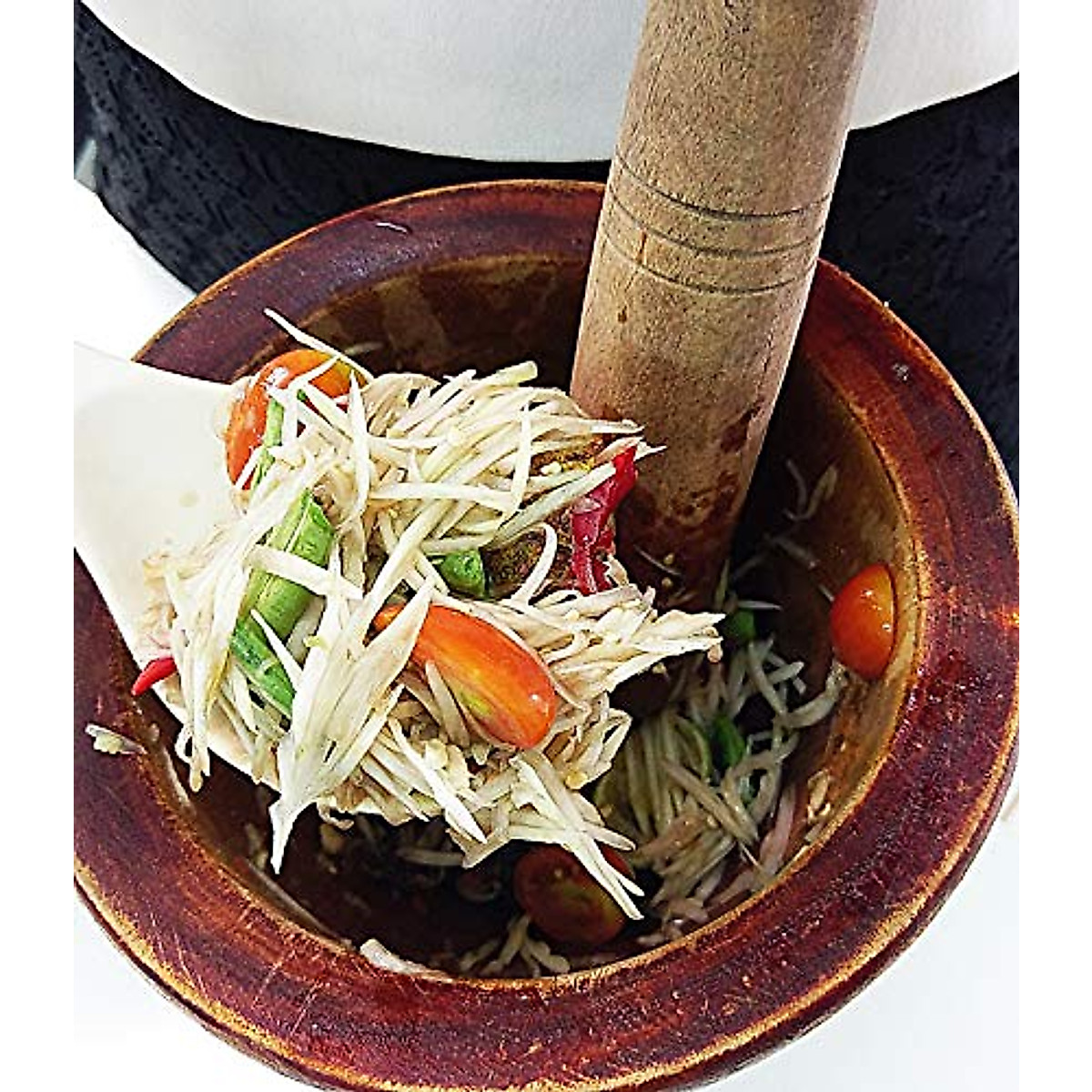 PunPund Wooden Mortar 9 Inches from Thailand Pestle Grinding Herb Garlic Papaya Salad Som Tum Thai Food Kitchen Tool 1 Set