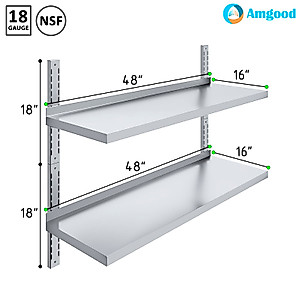 AmGood 16 in. x 48 in. Two-Tier Metal Wall Mount Shelf | Staunless Steel Shelving for Commercial Kitchen, Closet, Garage, Pantry, etc