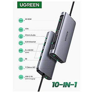 SLSFJLKJ USB C Hub 10 in 1 USB Type C to HDMI 4K USB 3.0 VGA PD 3.5mm Full Function Hub