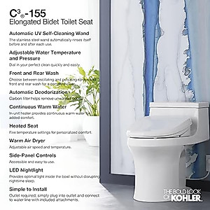 KOHLER 8298-0 PureWash E590 Elongated Bidet Toilet Seat, Heated Bidet, Bidets for Existing Toilets, Nightlight, Self-Cleaning Nozzle, Biscuit