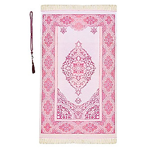 Prayeristan Muslim Prayer Rug - Prayer Mat with Gift Prayer Beads - Ramadan and Islamic Gifts - Portable Prayer Mat for Men and Women - Travel Prayer Mat -Turkish Design Muslim Prayer Rug (Pink)
