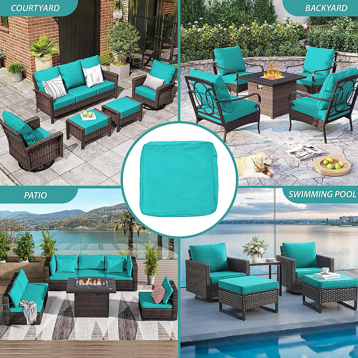 YQNUCO Patio Cushion Covers Replacement, Outdoor Cushion Covers for Patio Furniture Waterproof with Zipper, Washable Wicker Rattan Sectional Sofa Couch Chair Cover Set with Ties (Lake Blue, 14 PCS)