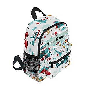 Custom Cartoon Airplane Boys Kids Backpack for Girls Boys, Aircraft Print Toddler Casual Daypack Backpacks, Personalized with Kid's Name Preschool School Bag, Children Travel Bookbag with Chest Strap