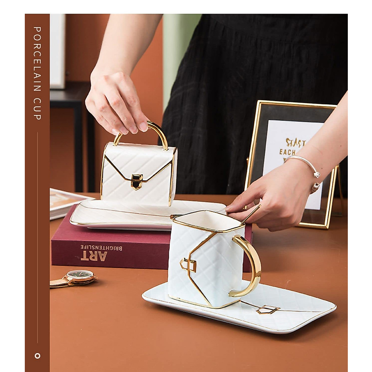 LmlJoo Creative and Adorable Handbag-Shaped Mug with Saucer Cup and Golden Spoon for Enjoying Tea, Juice, Milk, Hot Chocolate or Cappuccino (Blue)