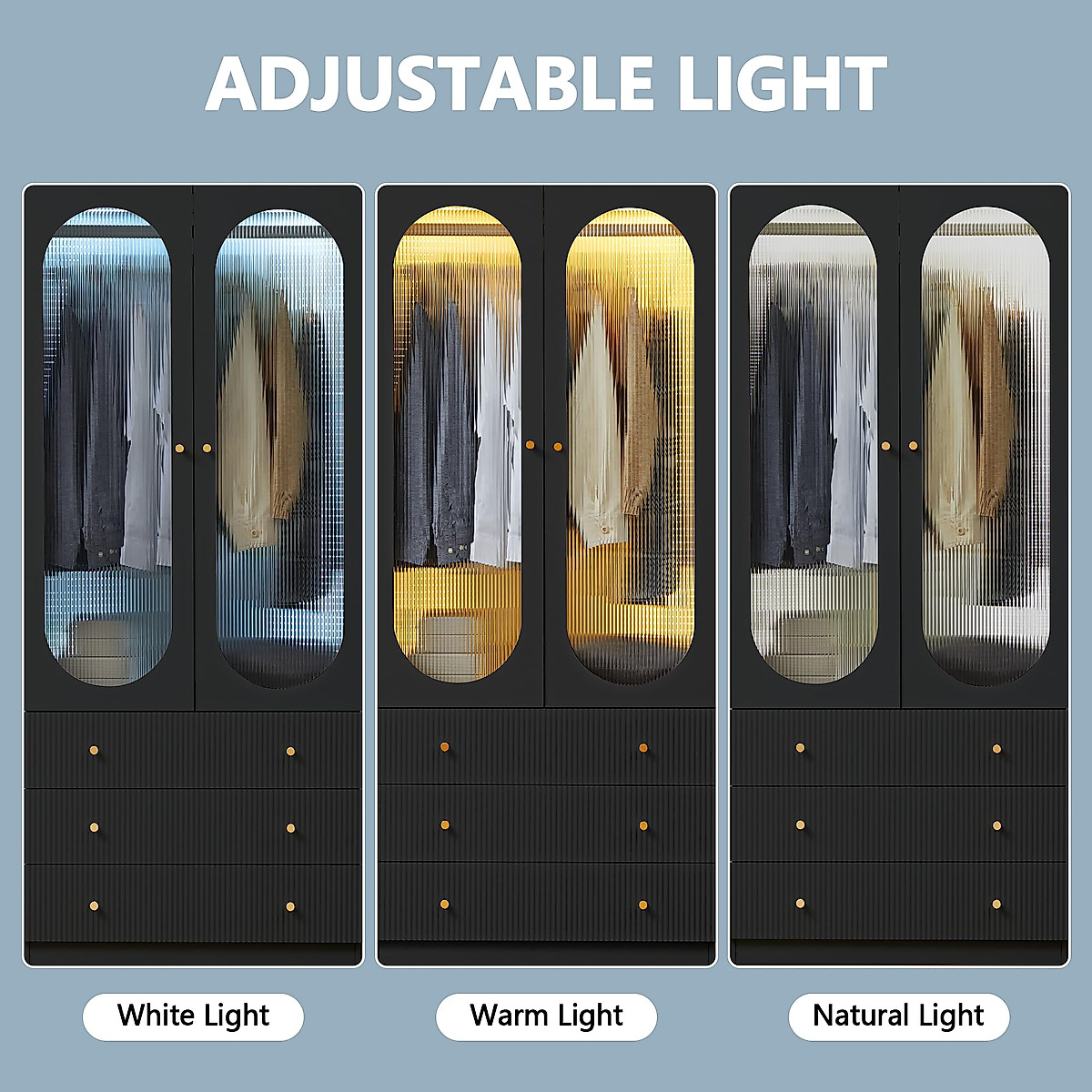 YUCHIATH 70" H Wardrobe Closet with 2 Glass Doors, Armoire Wardrobe Closet with 3 Fluted Drawers and Hanging Rail, Armoire Clothing Organizer for Bedroom (Black)